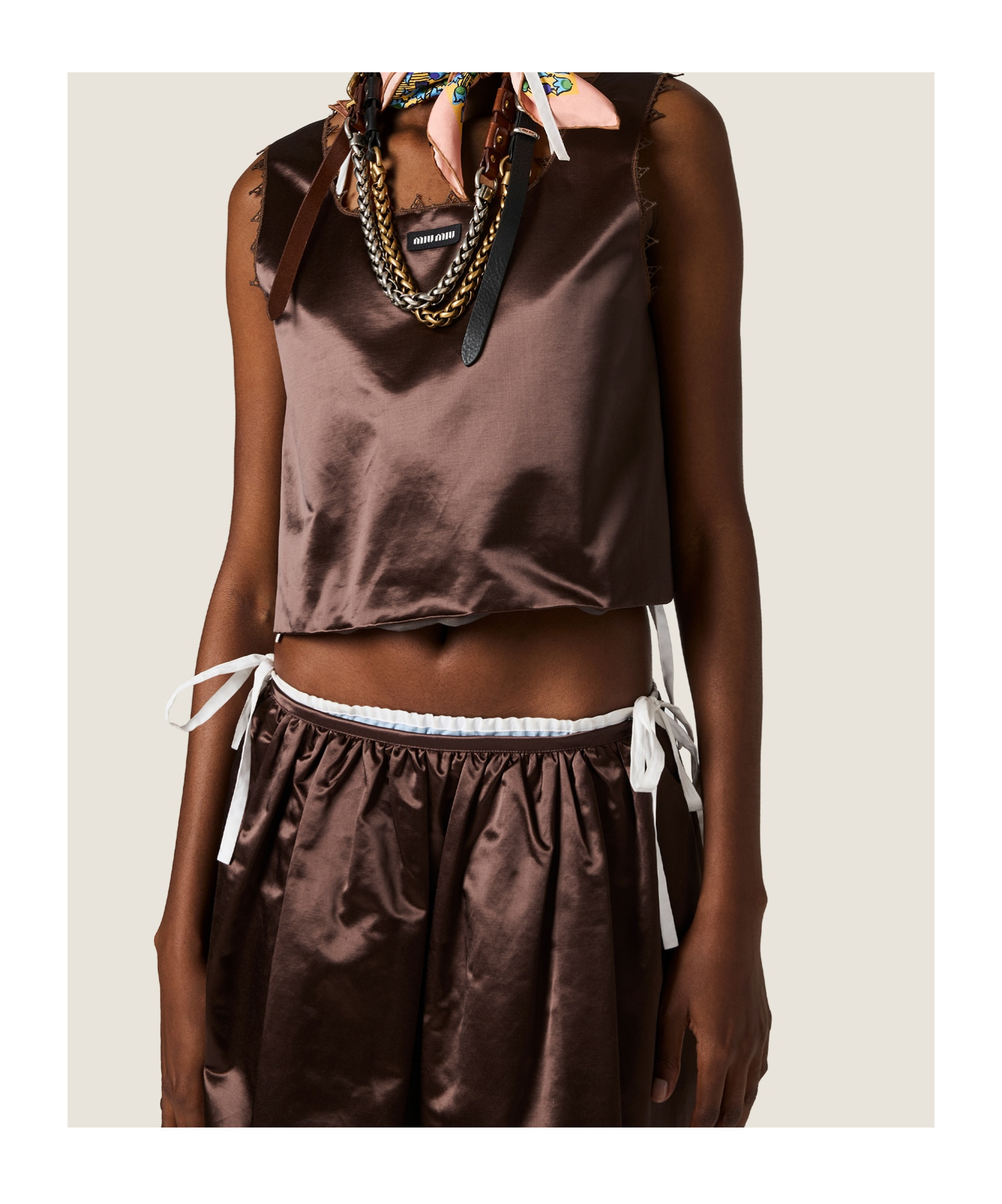 MIU MIU Miu Miu Satin Crop Top with Embroidered Neckline and Cuffs